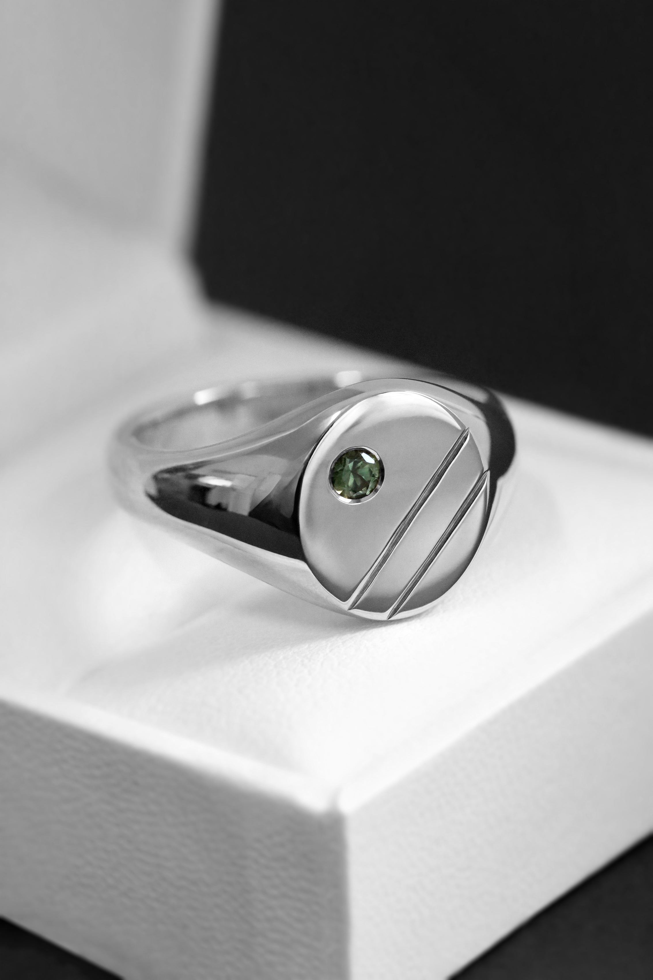 Extra Large Oval Engraved Signet Ring with Green Sapphire White Gold | Scarlett Jewellery Label