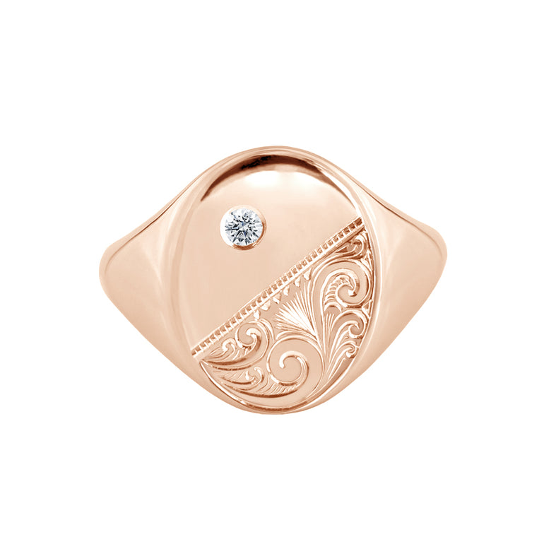Large Scrollwork Engraved Signet Ring with Diamond Rose Gold | Scarlett ...