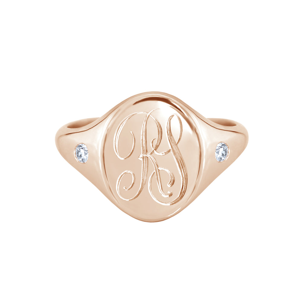 Flush Set Diamond Monogram Oval Signet Ring Rose Gold | Scarlett ...