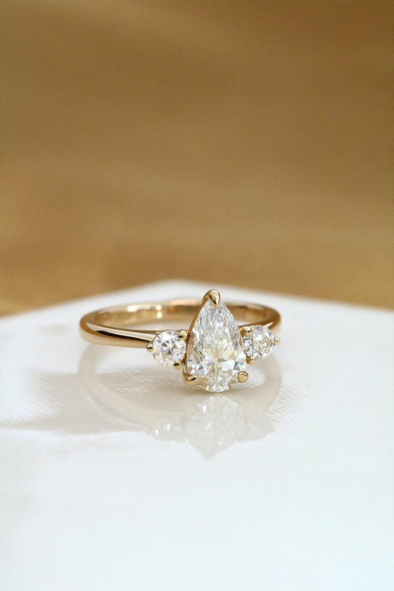 Pear Diamond Trilogy Engagement Ring With Side Diamonds Yellow Gold ...