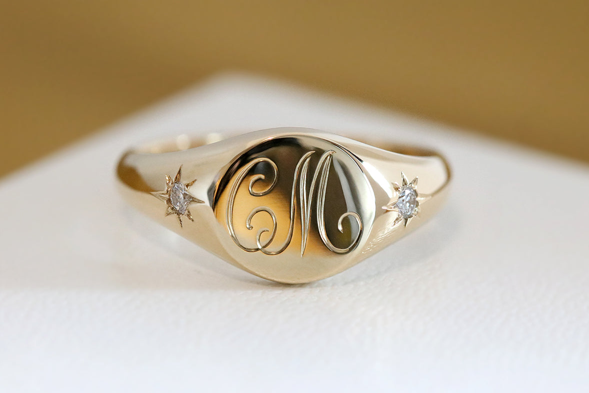 Petite Initial Signet Ring with Star Set Diamonds Yellow Gold ...