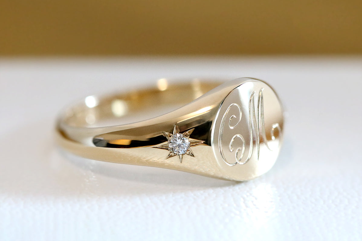 Petite Initial Signet Ring with Star Set Diamonds Yellow Gold ...