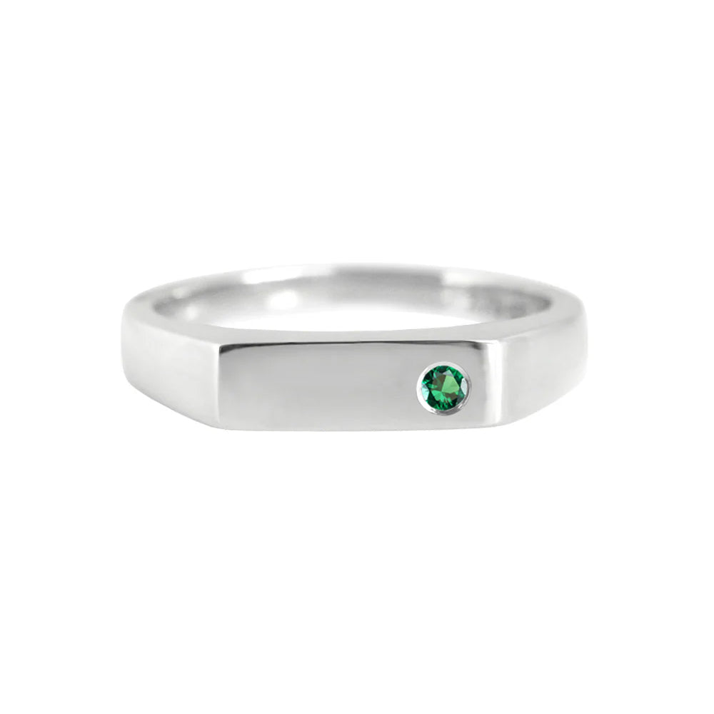 Rectangle Signet Ring with Flush Set Emerald White Gold – Scarlett Jewellery Label