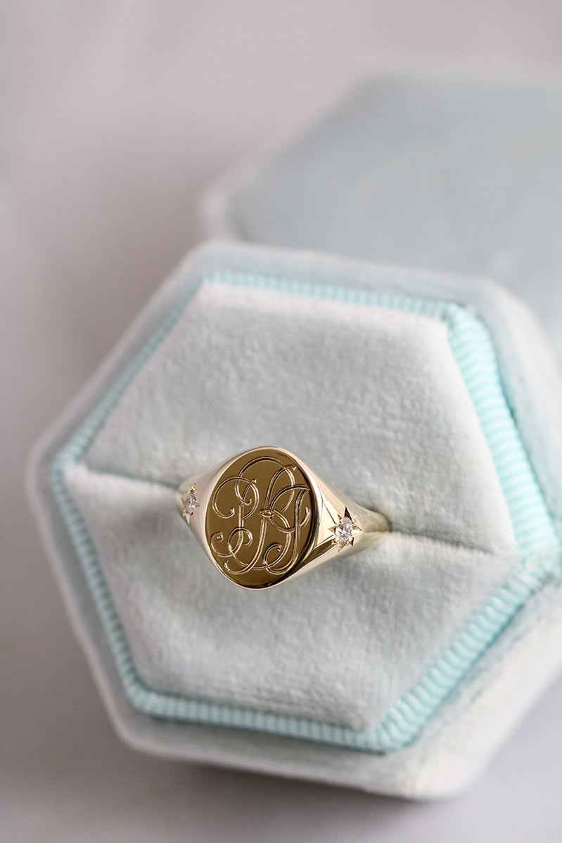 Star Set Diamond Monogram Oval Signet Ring Yellow Gold | Scarlett ...