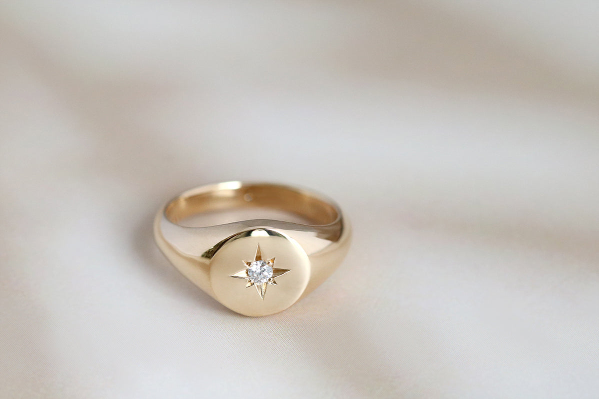 Star Set Round Diamond Signet Ring Yellow Gold | Scarlett Jewellery Label