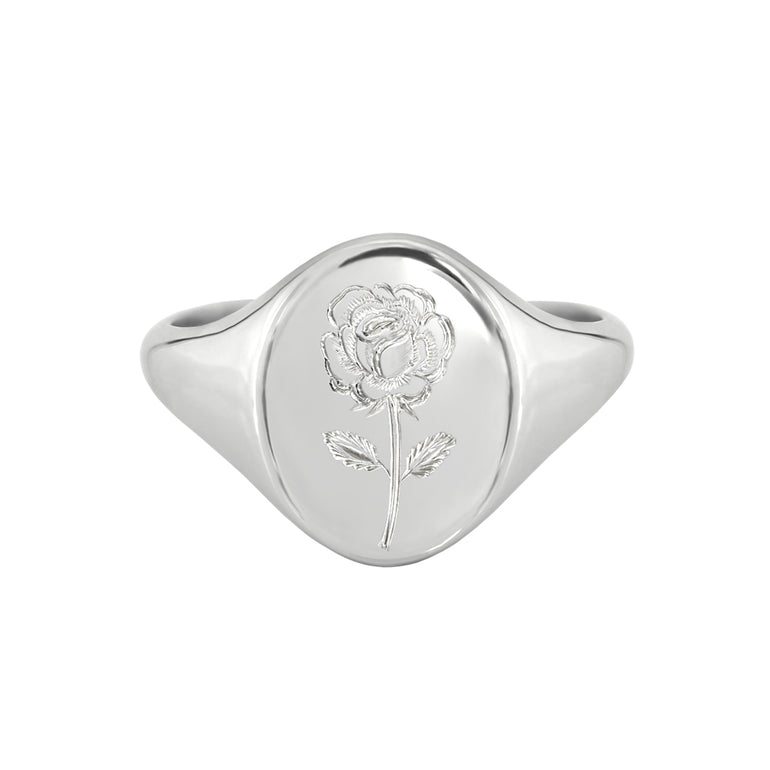 Engraved Rose Signet Ring White Gold | Scarlett Jewellery Label