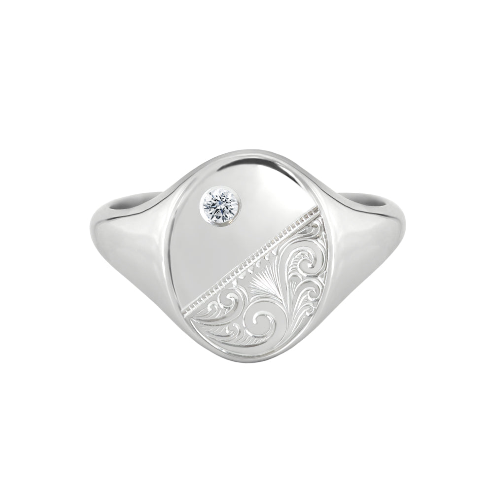 Scrollwork Engraved Signet Ring with Diamond White Gold | Scarlett ...