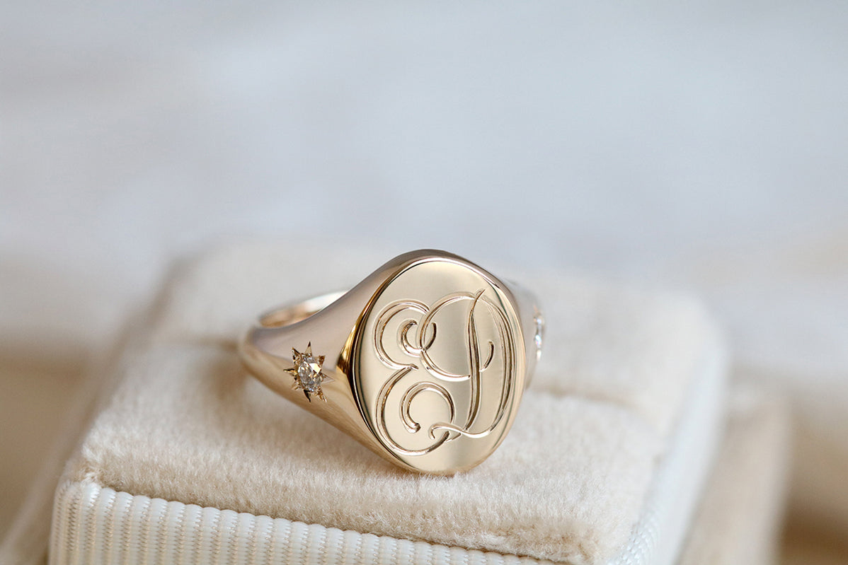 Star Set Diamond Monogram Oval Signet Ring Yellow Gold | Scarlett Jewellery Label
