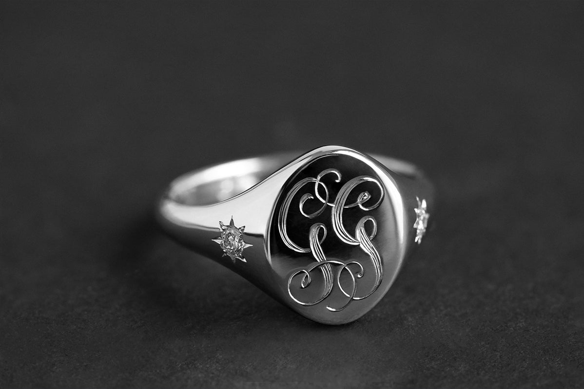 Star Set Diamond Monogram Oval Signet Ring Yellow Gold | Scarlett Jewellery Label