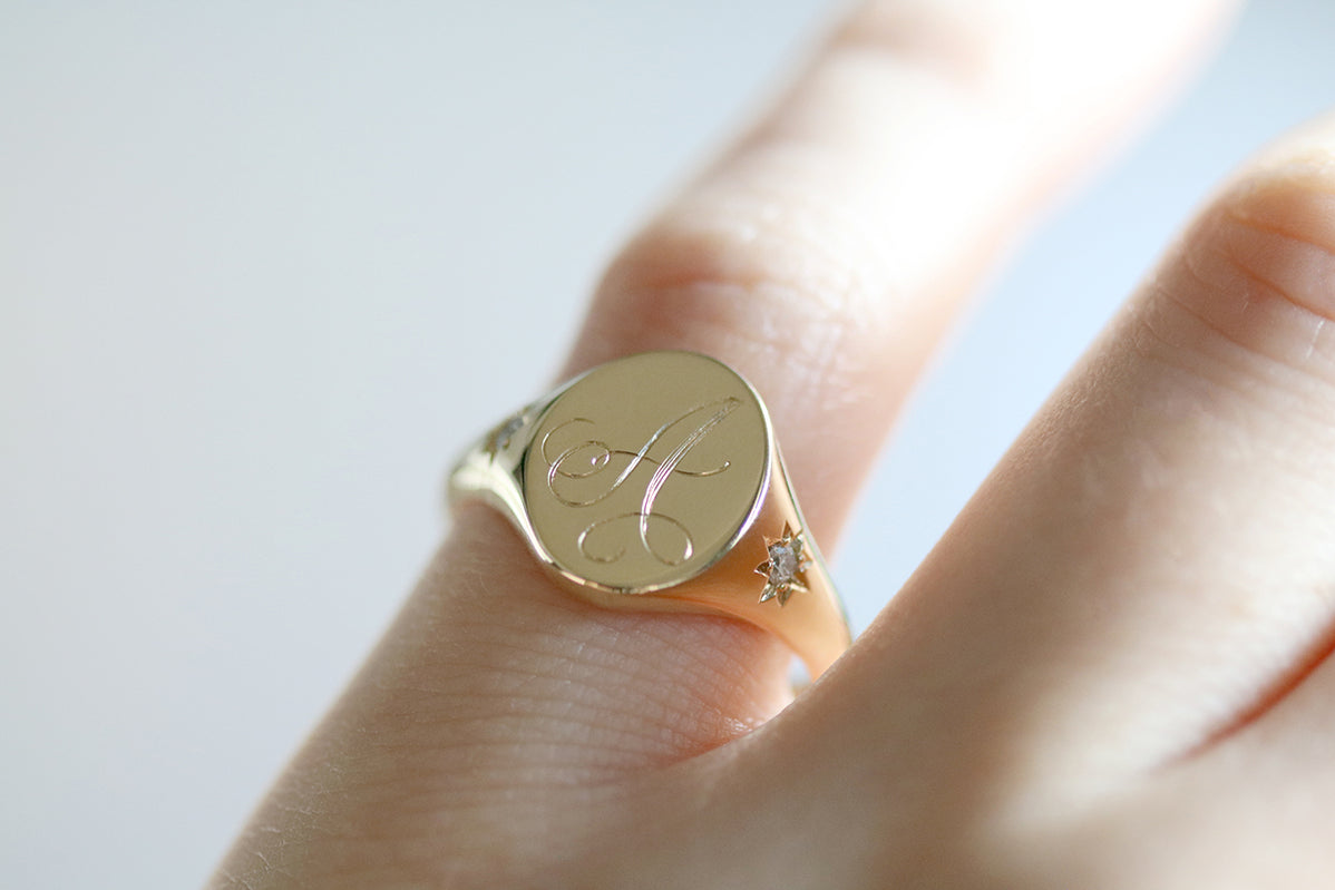 Star Set Diamond Monogram Oval Signet Ring Yellow Gold | Scarlett ...